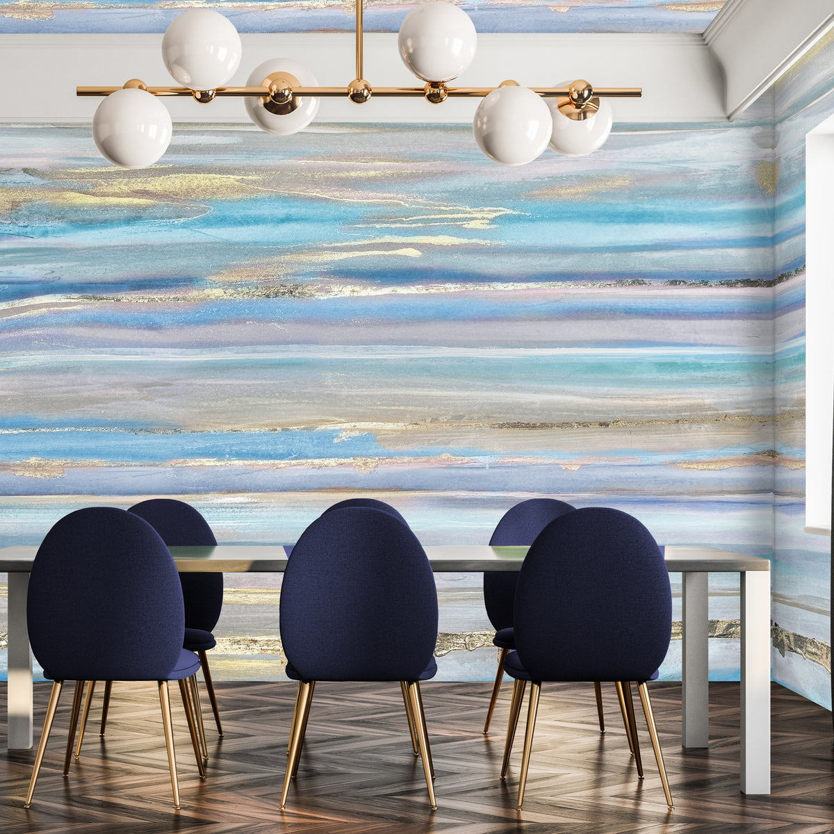 "Ocean Horizon" Wallpaper | Blue, Gold Luxury Abstract Wall Mural ...